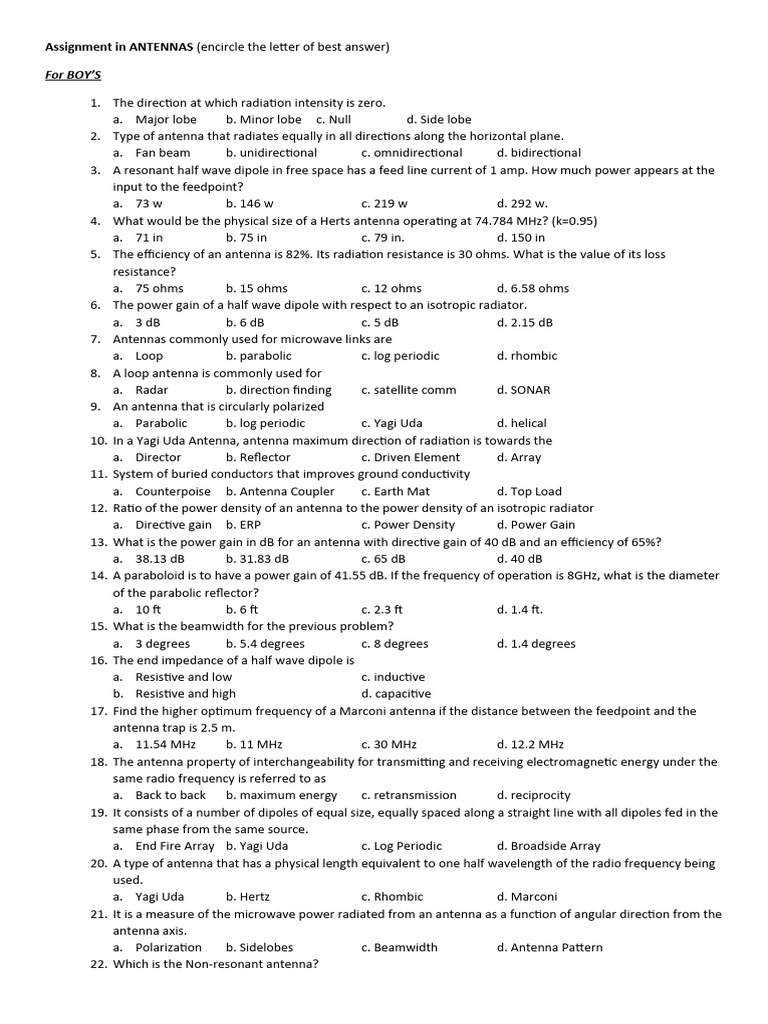 Assignment in Antenna Questionnaire | PDF | Antenna (Radio) | Wireless