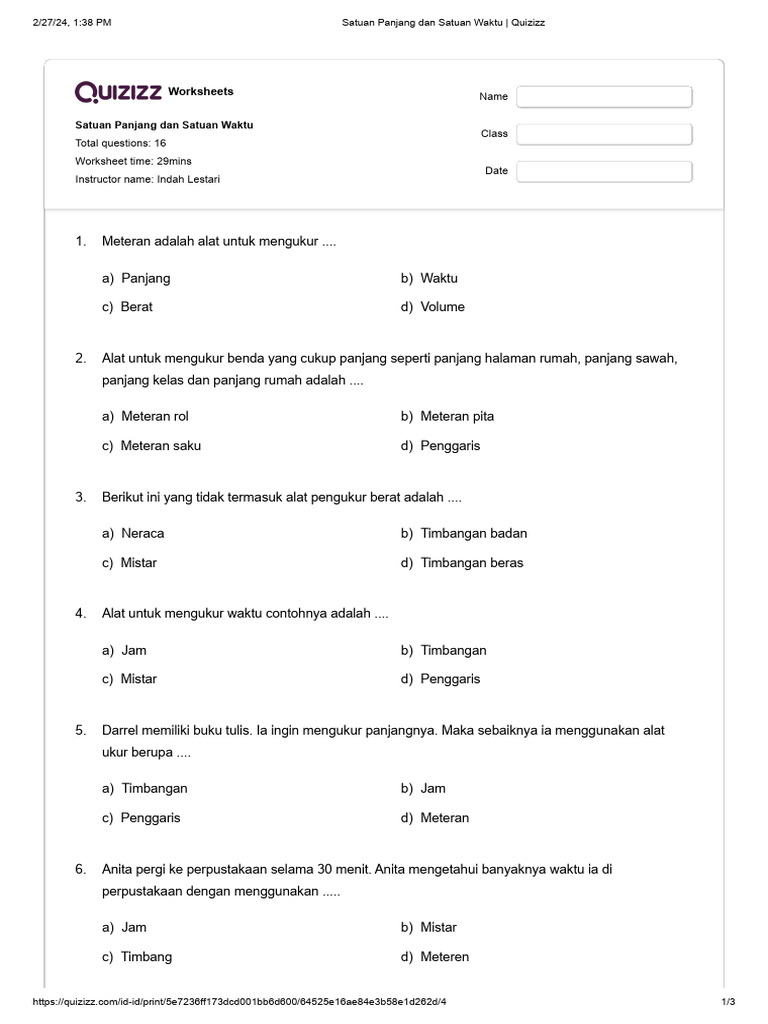 Soal Satuan Panjang dan Waktu Kelas 4 | PDF