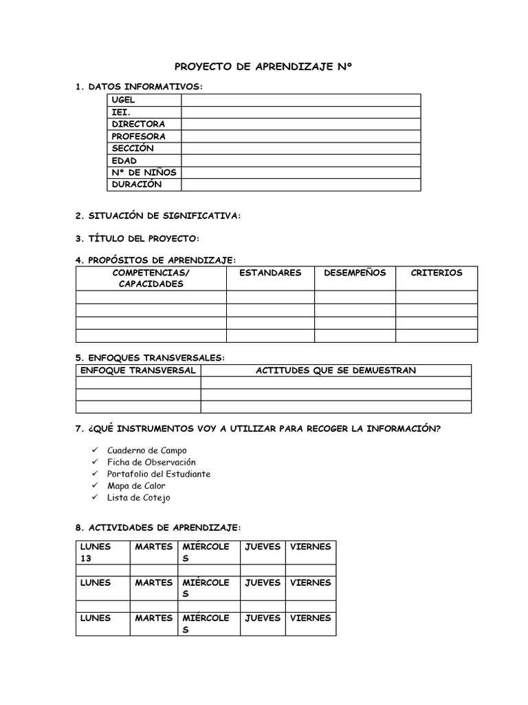 Esquema Del Proyecto de Aprendizaje N | PDF | Evaluación | Educación de la primera infancia