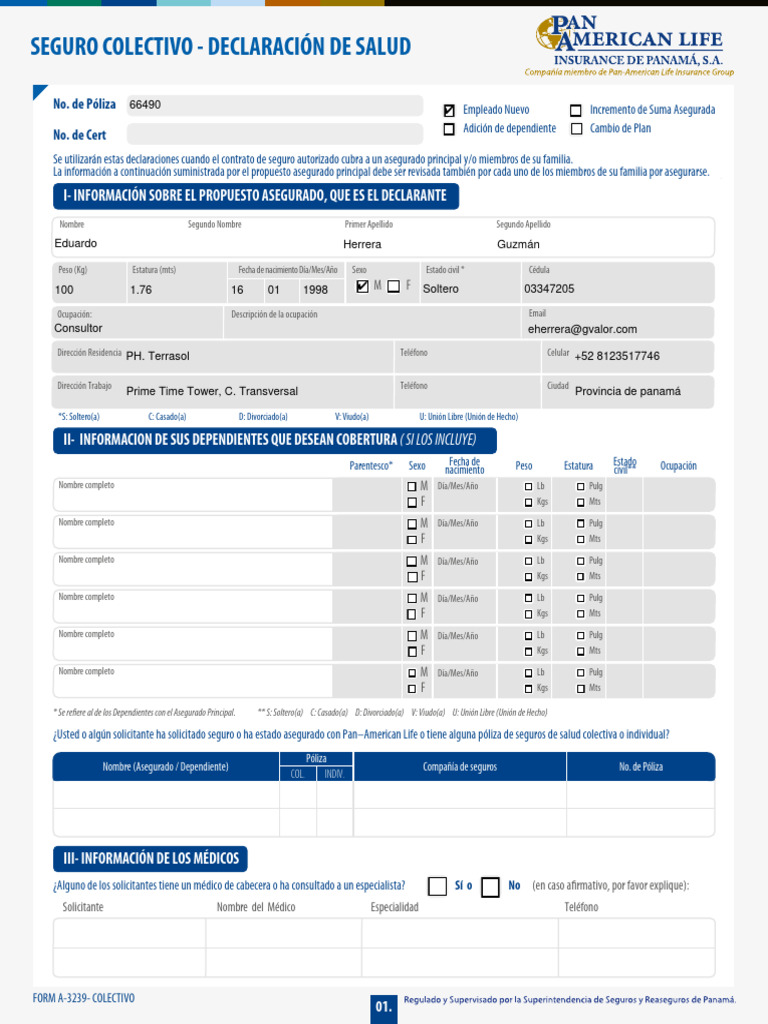 Declaración de Salud para Seguro Colectivo | PDF | Diagnostico medico | El embarazo