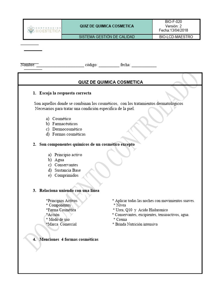 Quiz De Quimica Cosmetica Pdf Productos Cosméticos Química