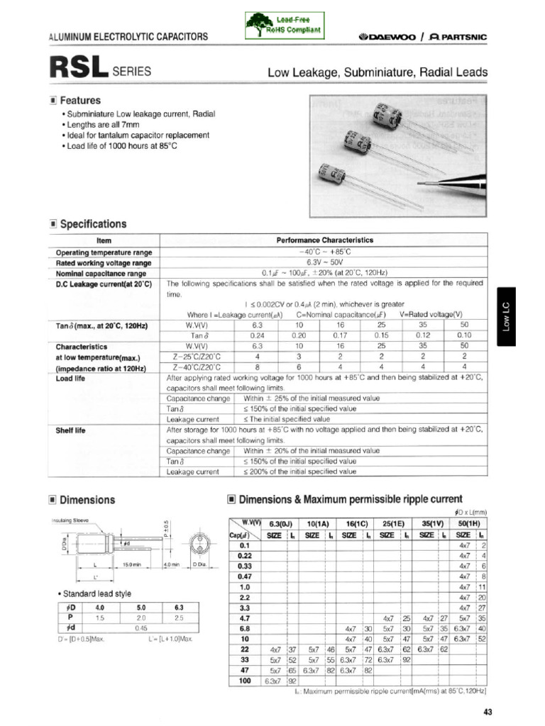 Daewoo-Partsnic (Radial Thru-Hole) RSL Series | PDF