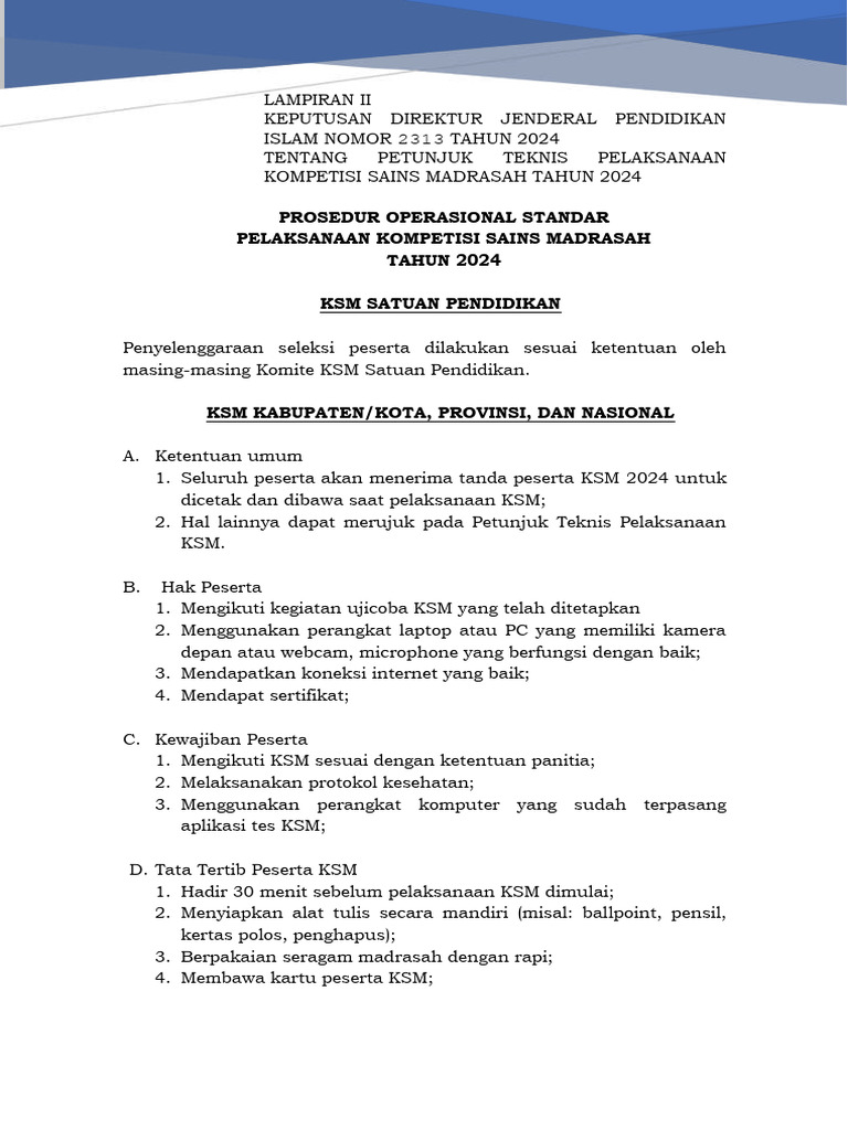 Prosedur Operasional Standar Pelaksanaan Kompetisi Sains Madrasah Tahun 2024 | PDF