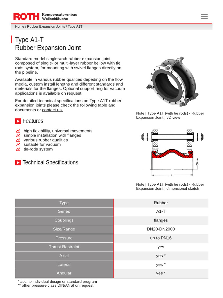 ROTH en Type A1T Rubber Expansion Joint Datasheet | PDF | Materials ...