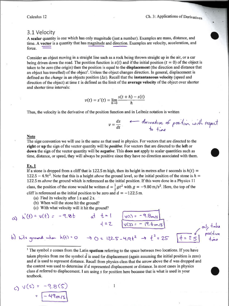 Section 3.1 - Velocity - Filled in Examples | PDF