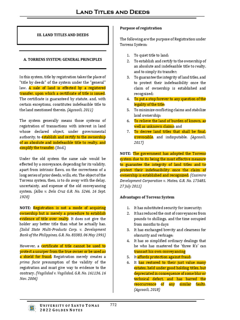 Land Title and Deeds - 2022 Ust Golden Notes | PDF | Jurisdiction ...