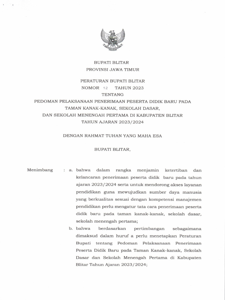 Perbup Pedoman Pelaksanaan PPDB TK SD SMP TA 2023 2024 | PDF
