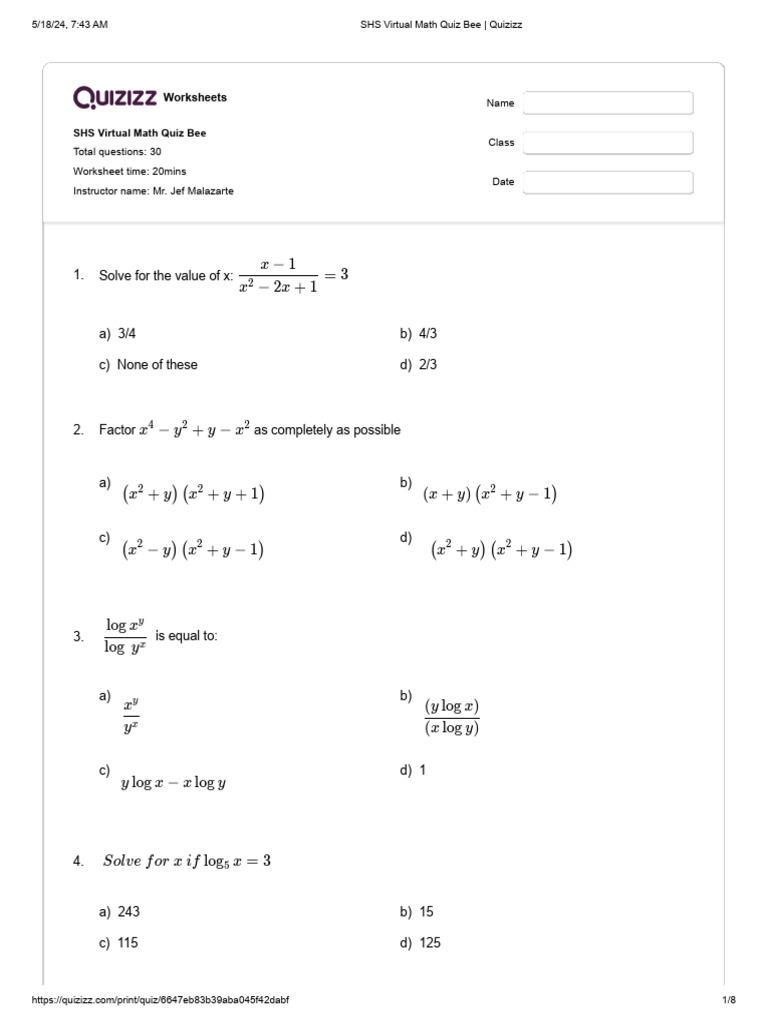 1virtual Math Quiz Bee Quizizz Pdf Function Mathematics Mathematical Analysis
