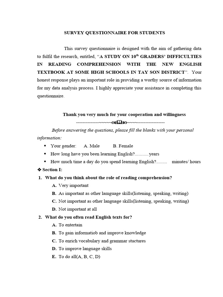 Survey Questionnaire For Students | PDF | Reading Comprehension | Learning