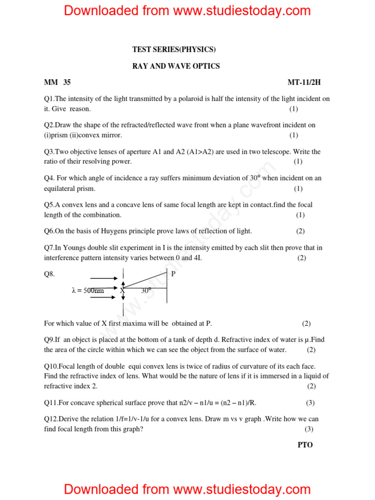 CBSE Class 12 Physics CH 10 Assignment - Ray and Wave Optics | PDF ...