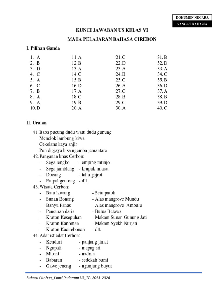 Bahasa Cirebon - Kunci Pedoman - US TP. 2023-2024 | PDF