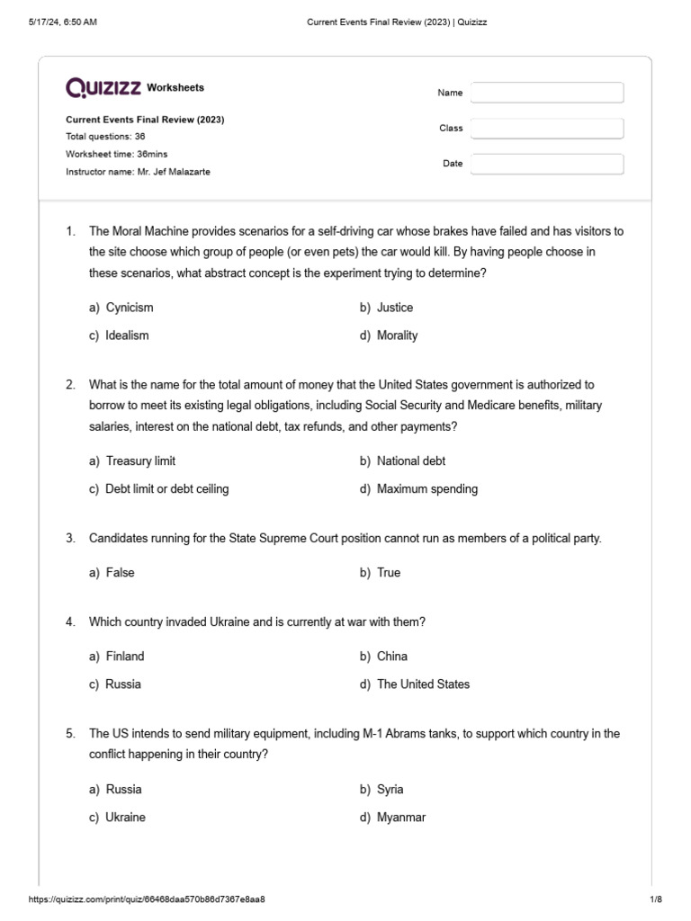 2023 Current Events Review Quiz | PDF | National Debt Of The United ...