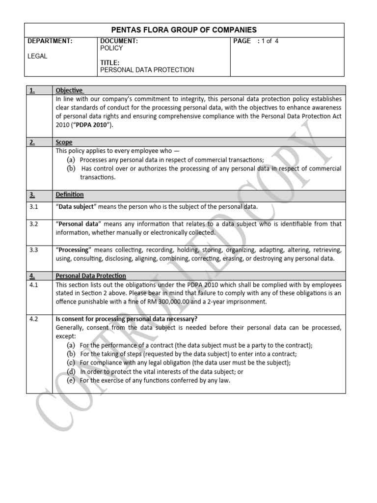Personal Data Protection Policy - Pentas Flora | PDF | Indemnity | Information Privacy