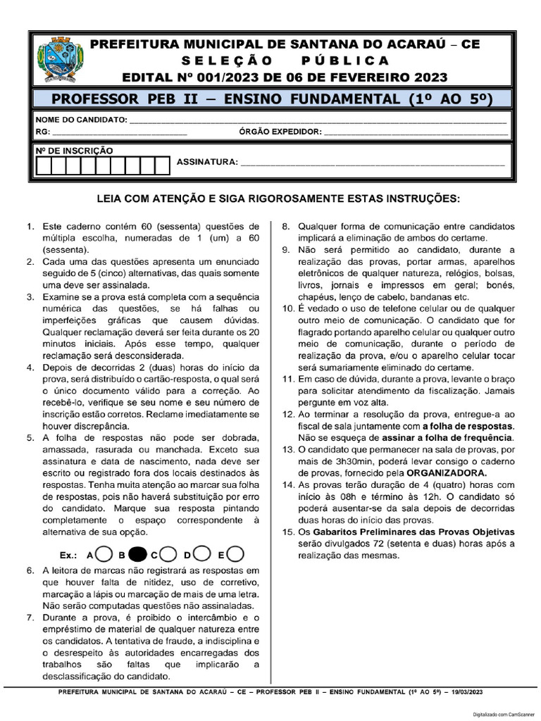 Cetrede 2023 Prefeitura de Santana Do Acarau Ce Professor Peb II Ensino Fundamental 1 Ao 5 Ano ...