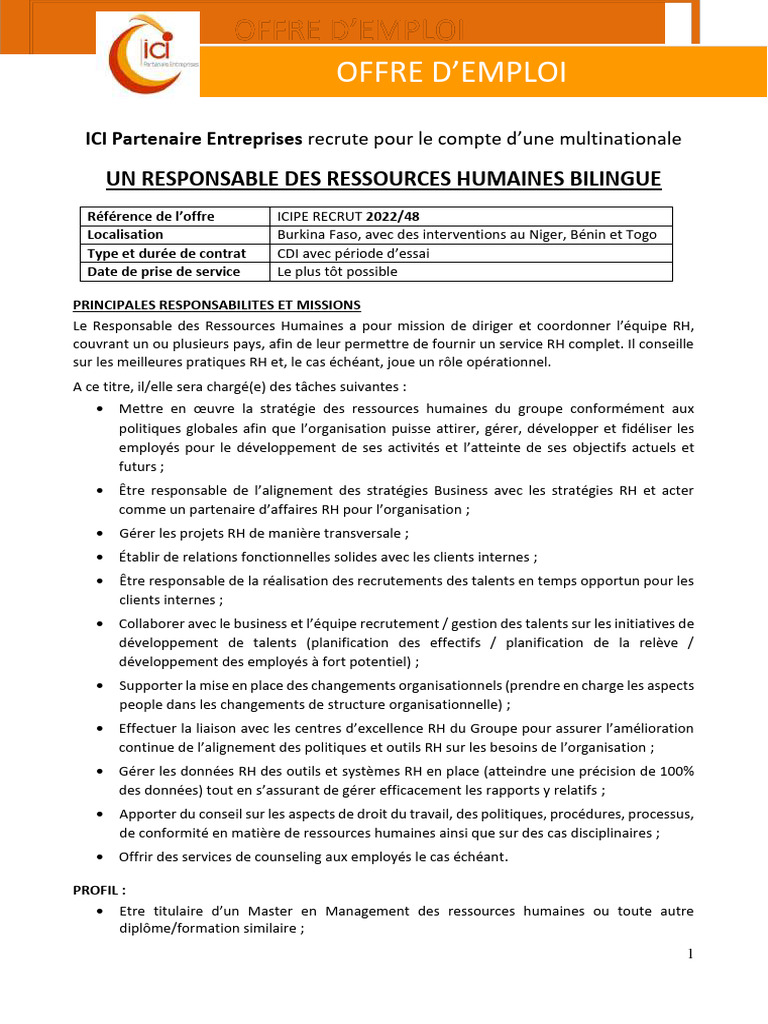 Responsable RH Bilingue - Burkina Faso | PDF | Gestion des ressources ...