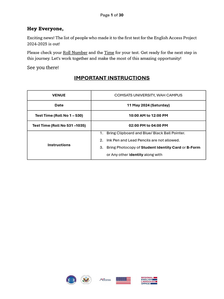 English Access Project Test Candidates | PDF