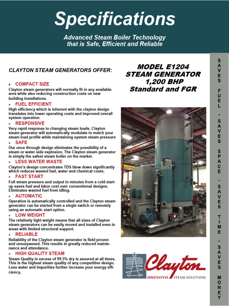 Model E1204 1200 BHP Steam Generator Specifications | PDF | Boiler | Steam