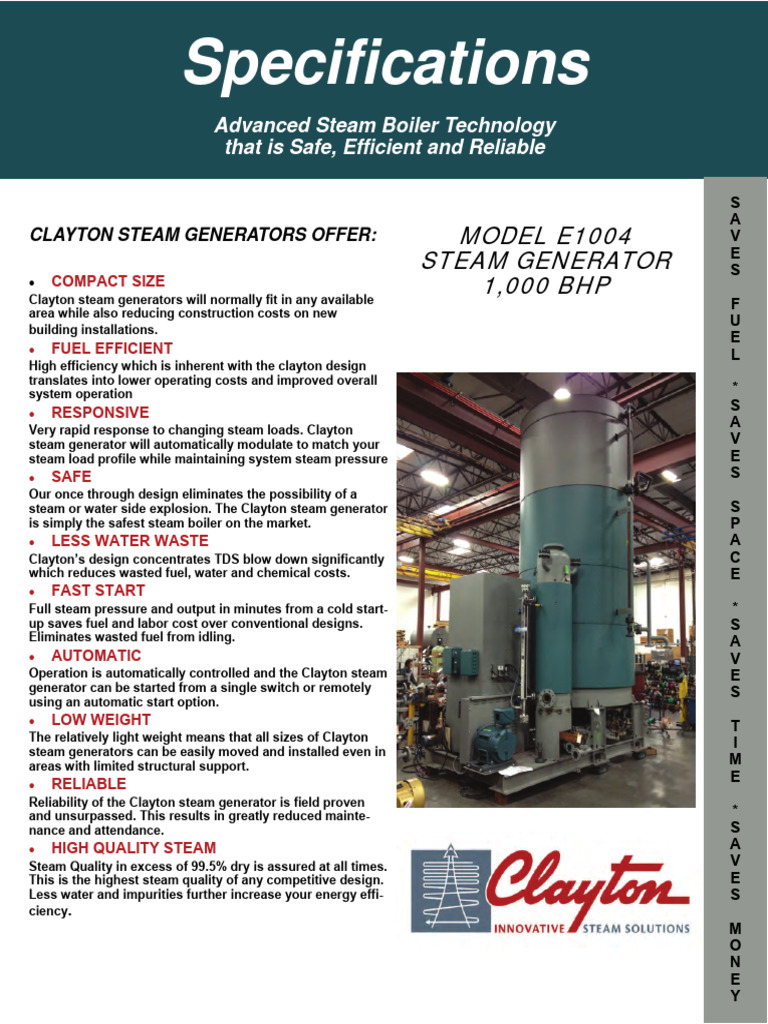 Model E1004 1000 BHP Steam Generator Specifications | PDF | Boiler | Steam