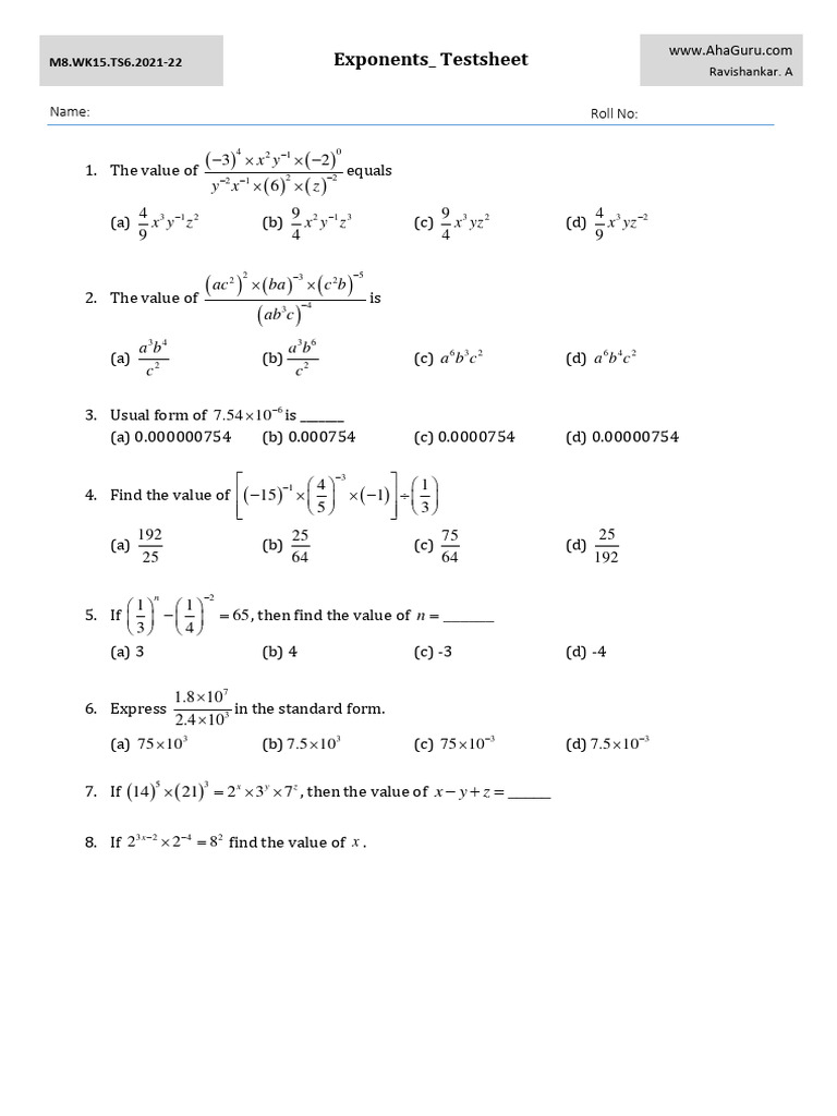 Test On Exponents (Live Class 15) | PDF | Character Encoding