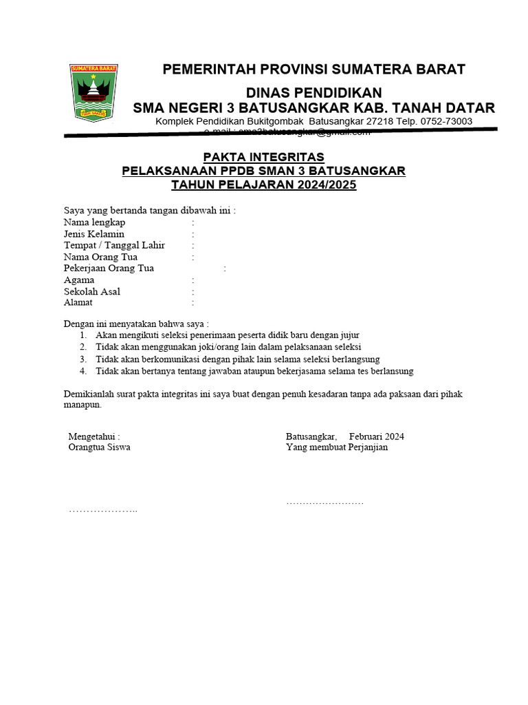 Pakta Integritas PPDB TP 2024-2025 | PDF