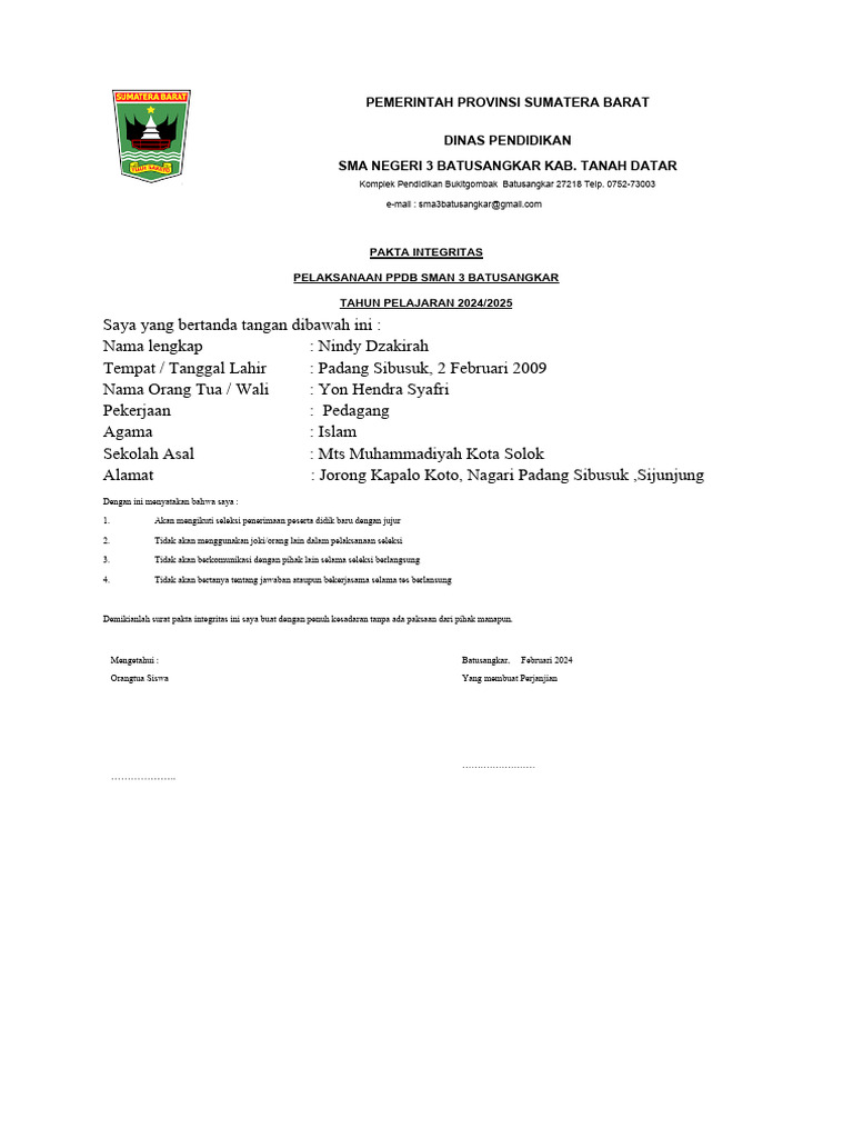 Pakta Integritas PPDB TP 2024-2025 | PDF