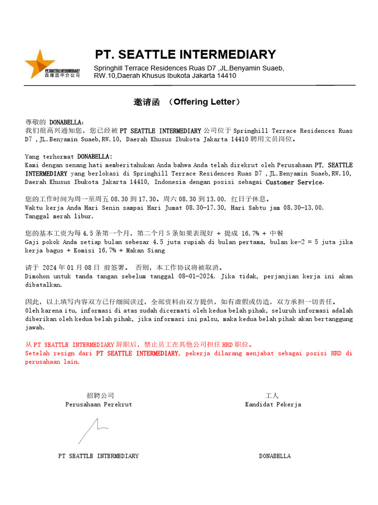 Offering Letter Donnabella | PDF
