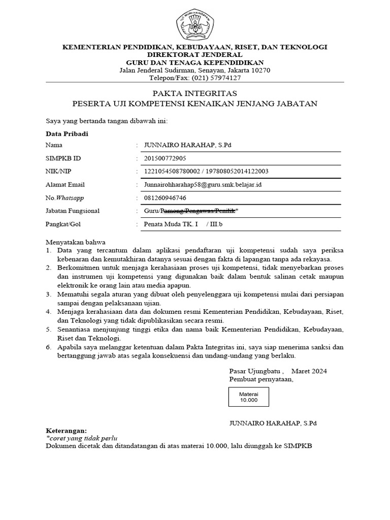 Pakta Integritas Peserta Uji Kompetensi Kenaikan Jenjang Jabatan 2024 | PDF