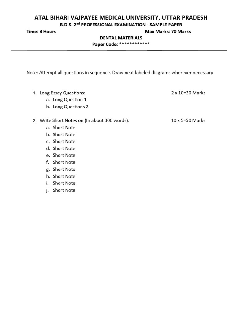 BDS 2nd Professional Examination Sample Paper Dental Materials | PDF