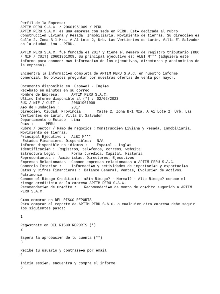 Informe Comercial APTIM PERU S.A.C. | PDF | Business | Economias