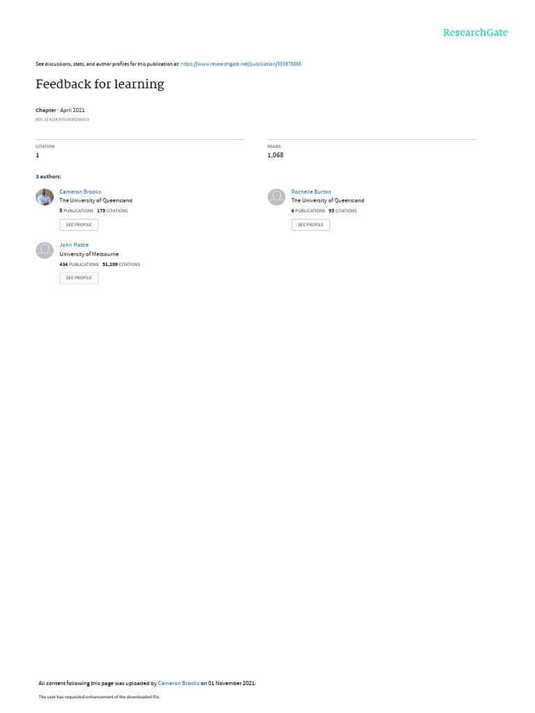 Feedback For Learning | PDF | Educational Assessment | Teachers