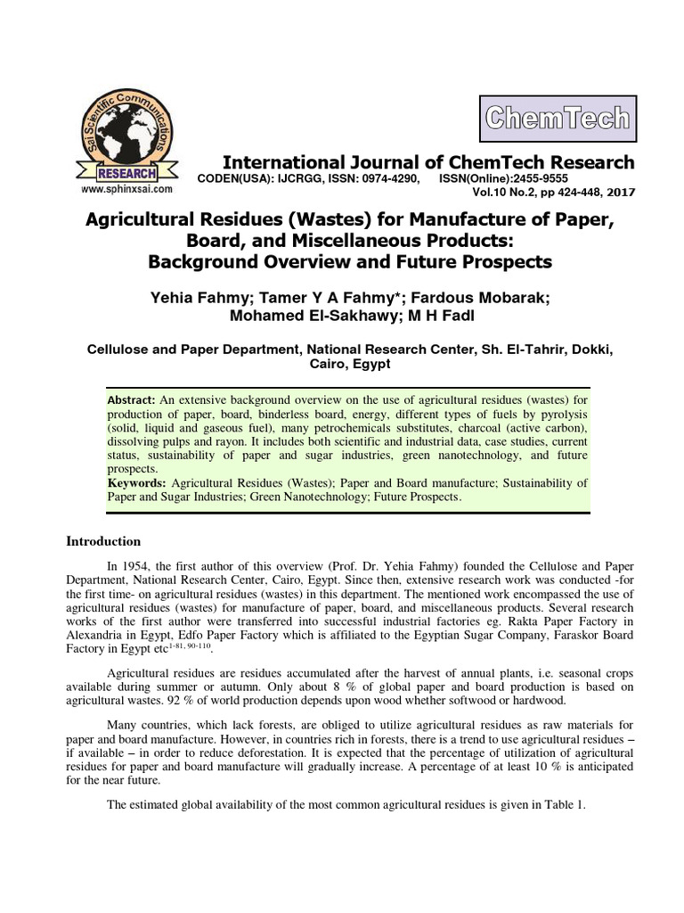 Agricultural Residues (Wastes) For Manufactur of Paper, Board, and ...