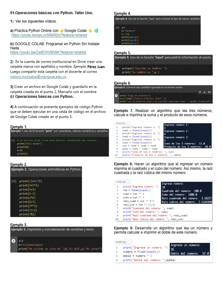01 Operaciones Basicaen Python Taller Uno | PDF