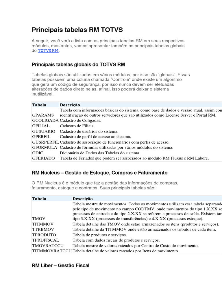 Principais tabelas RM | PDF | Tabela (banco de dados) | Tecnologia da ...