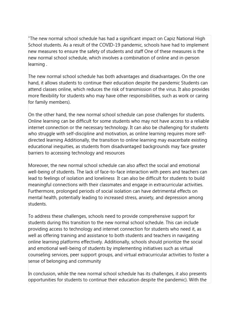 Impact of New Normal School Schedule | PDF | Educational Technology ...