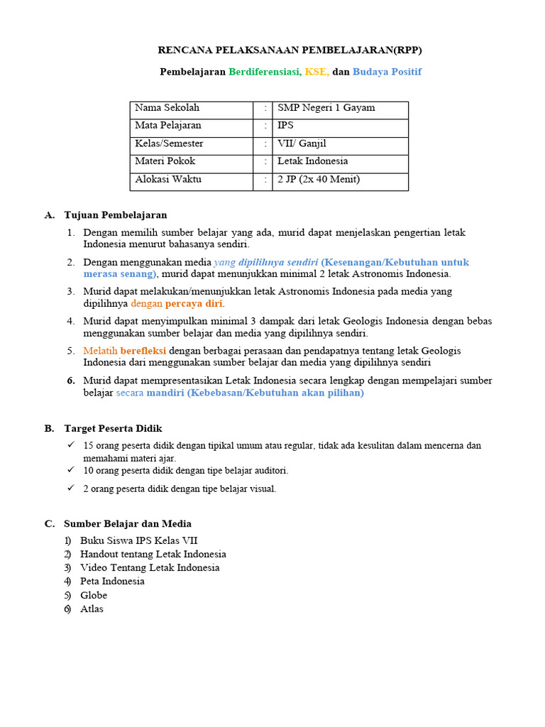 Contoh RPP Berdiferensiasi - KSE | PDF