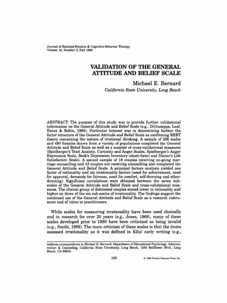 Validation of The General Attitude and Belief Scale: Michael E. Bernard ...