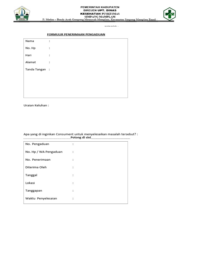 Formulir Pengaduan Puskesmas Bireuen | PDF