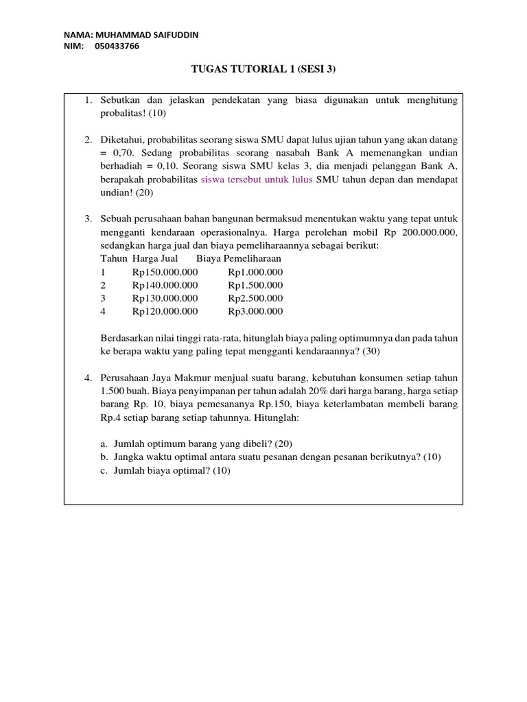Muhammad Saifuddin - 050433766 - TUGAS TUTORIAL 1 Riset Operasi EKMA4413 | PDF