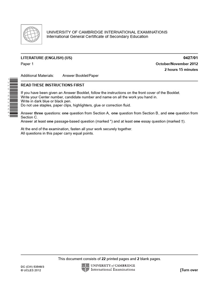 November 2012 Question Paper 1 | PDF | Macbeth | To Kill A Mockingbird