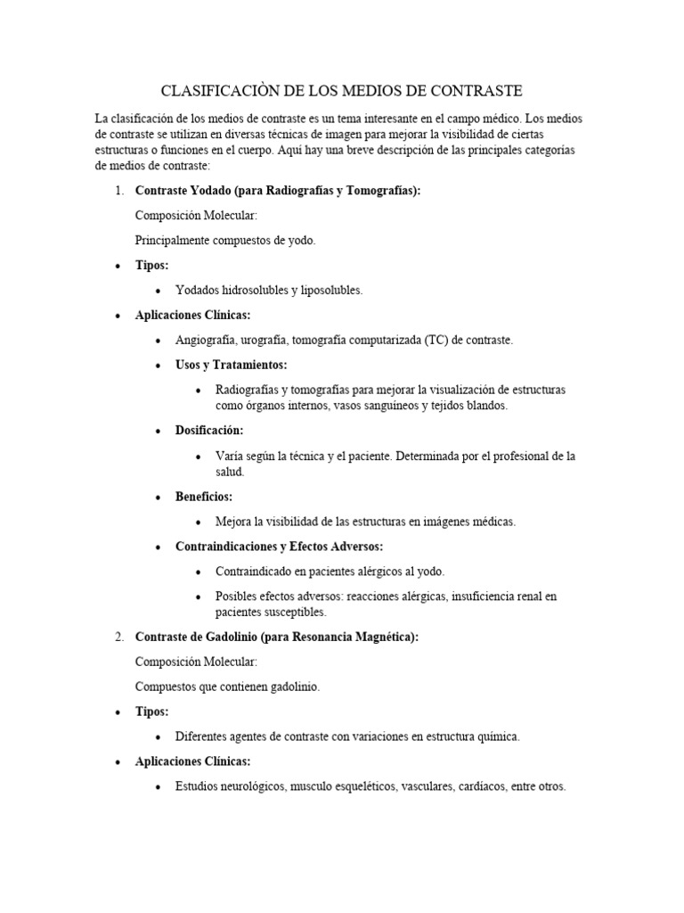 Clasificaciòn de Los Medios de Contraste | PDF | Ct Scan | Efecto adverso