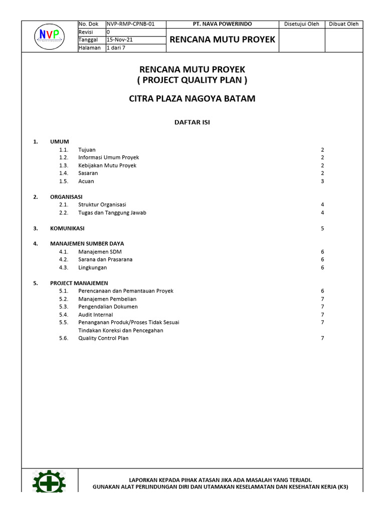 Contoh Rencana Mutu Proyek | PDF