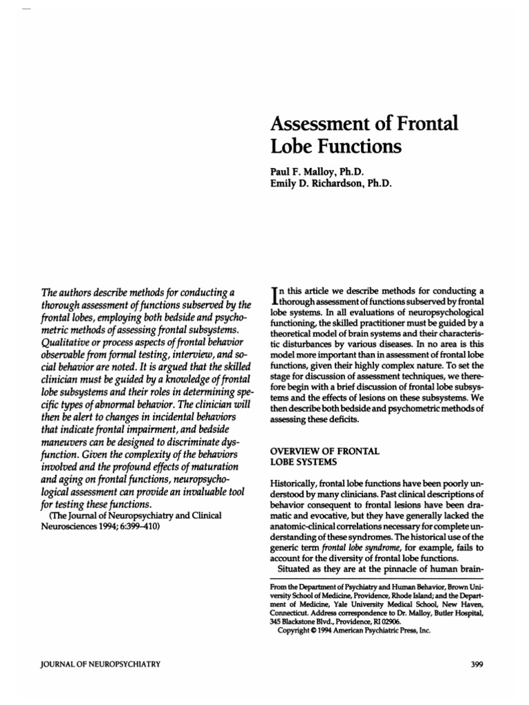 Assessment of Frontal Lobe Functions | PDF | Frontal Lobe ...