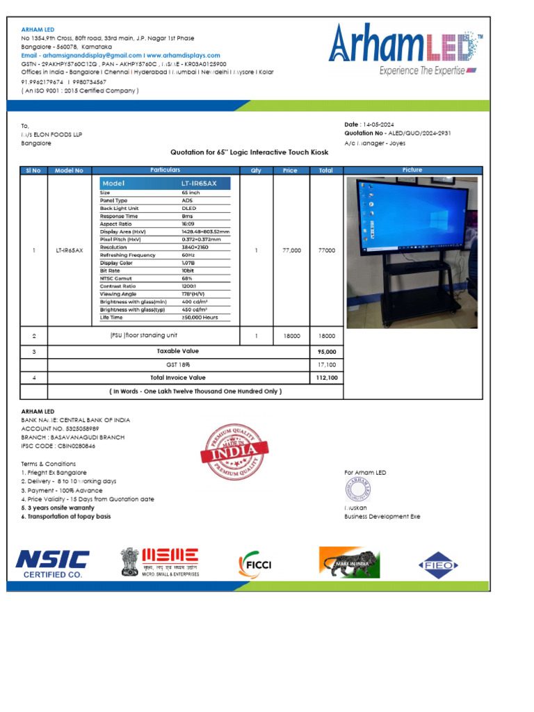 Quote From Arham To ELON FOODS LLP For 65'' Logic Interactive Display DT 14.05.2024 | PDF