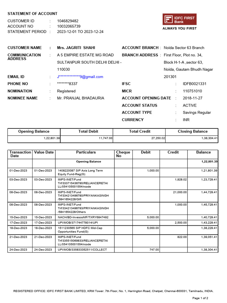 IDFCFIRSTBankstatement 10032065739 | PDF | Personal Identification ...