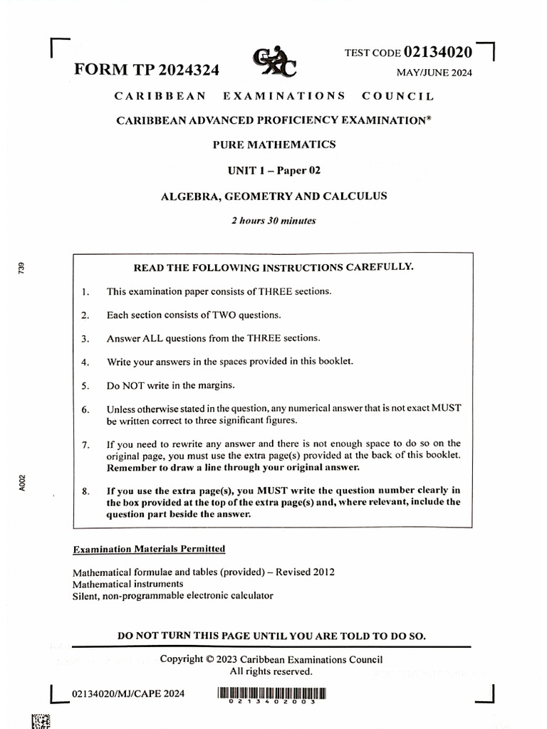 CAPE U1 Pure Mathematics 2024 | PDF