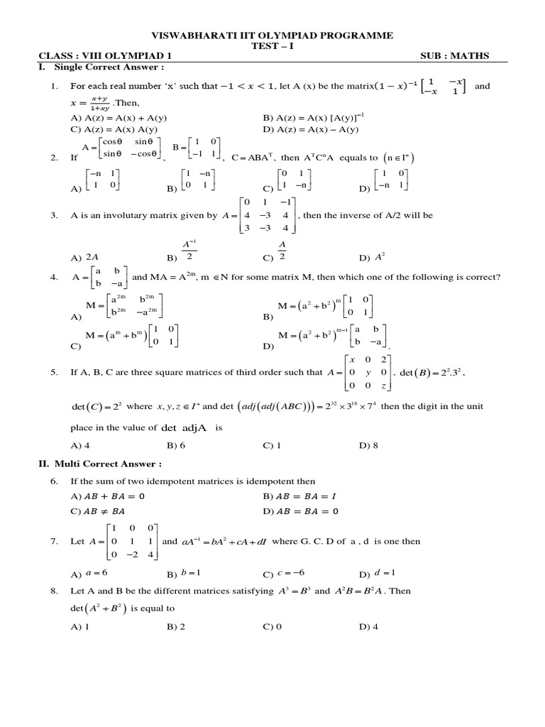 Matrices And Determinants Pdf Matrix Mathematics Operator Theory