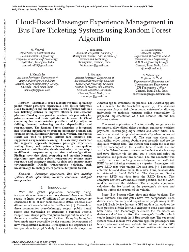 Cloud-Based Passenger Experience Management in Bus Fare Ticketing Systems Using Random Forest ...