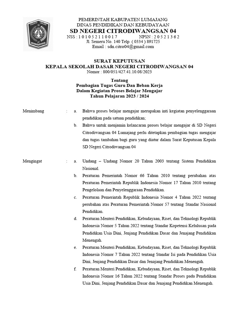 SK Beban Kerja Guru 2023-2024 Citro 04 | PDF