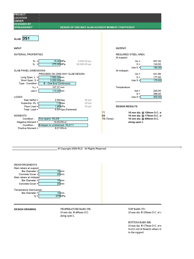 Project: Location: Owner: Designed By: Spreadsheet: Design of One-Way ...