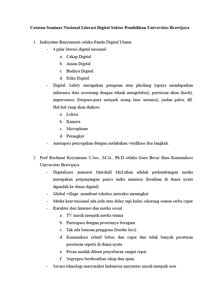 Catatan Seminar Nasional Literasi Digital Sektor Pendidikan Universitas Brawijaya | PDF